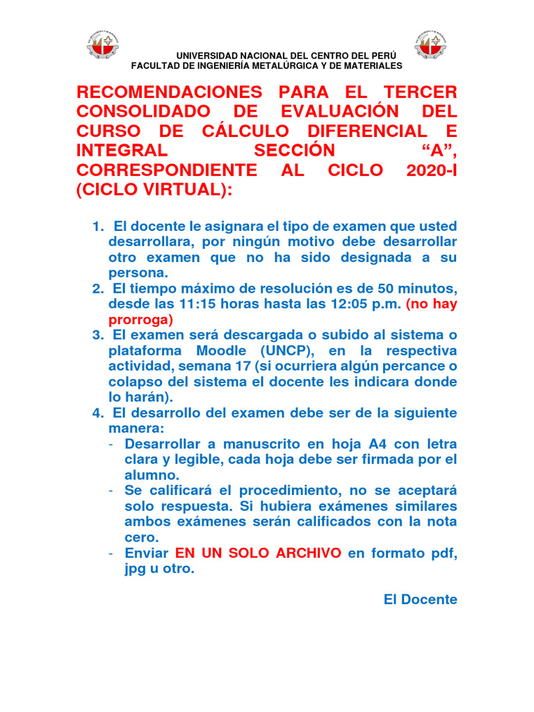 3er - EXAMEN CAL - DIF.INT 2020-I - A1 | PDF | Curva | Integral