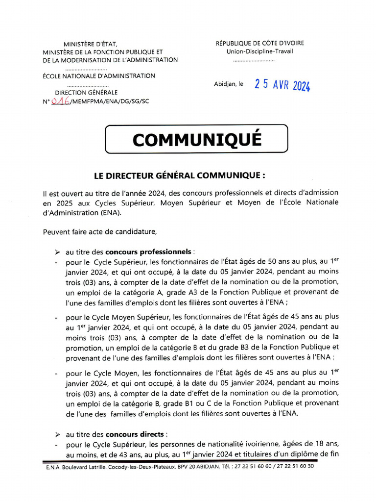 Communiqué Ouverture Concours ENA 2024 | PDF
