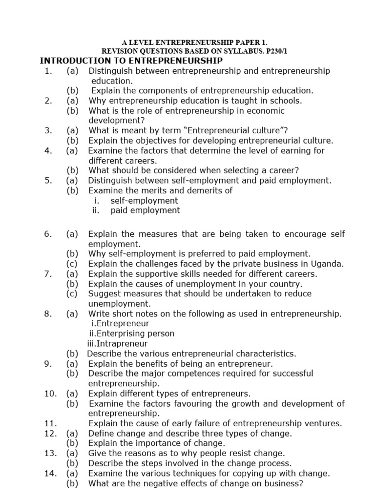 A Level Entrepreneurship Revision Questions Based On Syllabus Phase 2 | PDF | Entrepreneurship ...