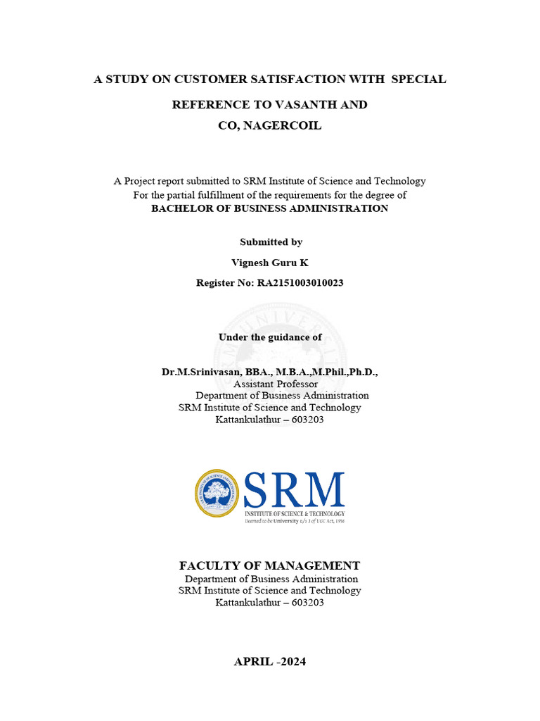 Customer Satisfaction Study: Vasanth & Co | PDF