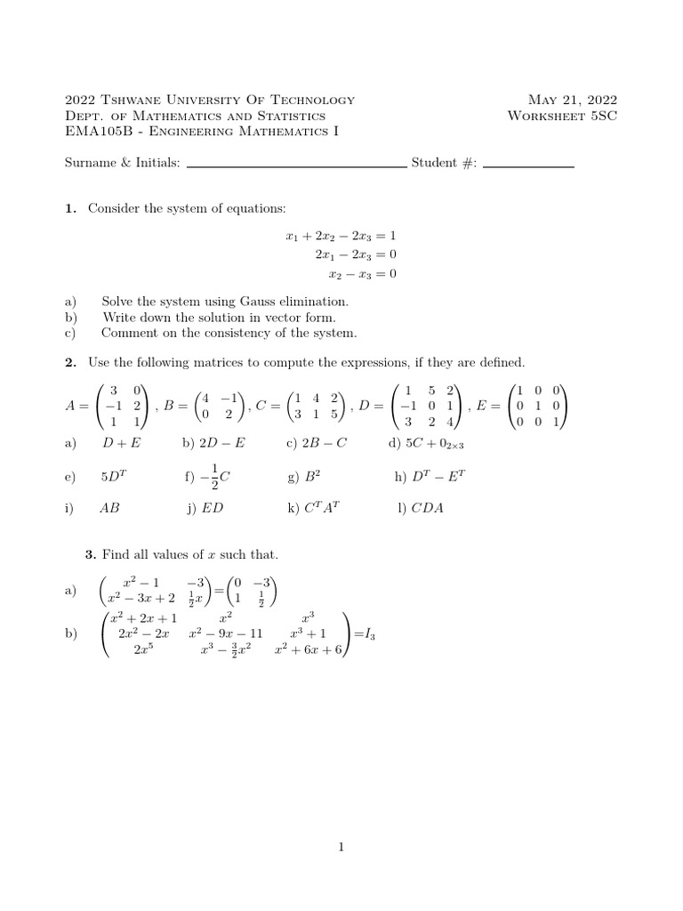 Engineering Mathematics I Worksheet 5SC | PDF