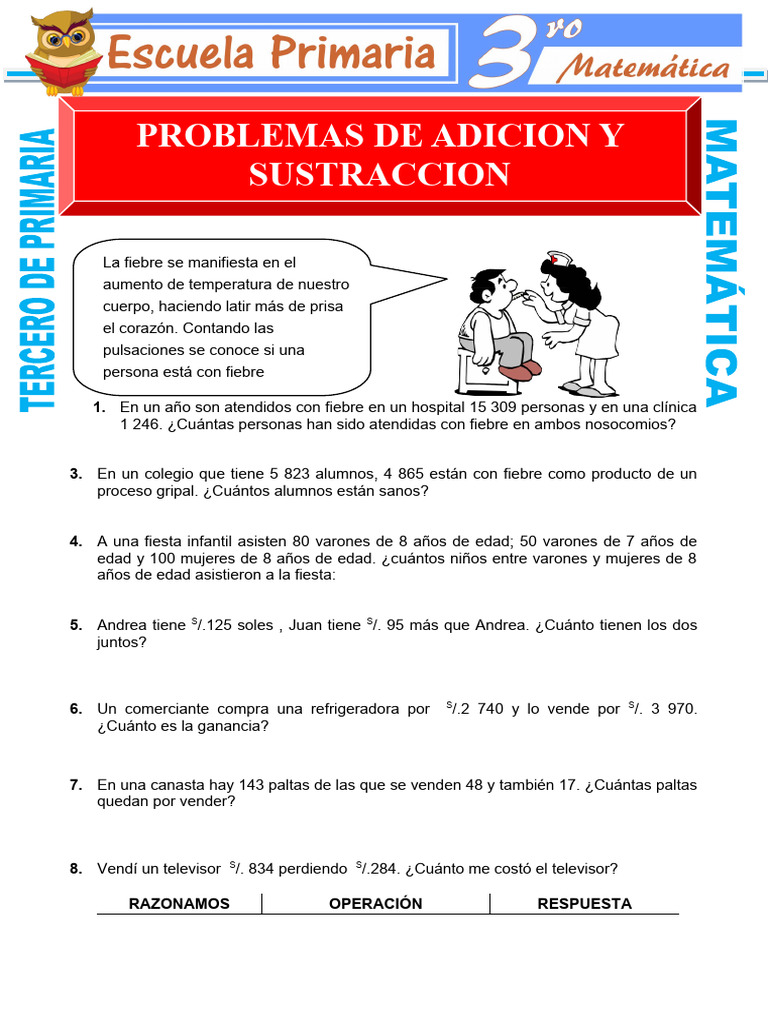Problemas de Adicion y Sustraccion para Tercero de Primaria | PDF ...