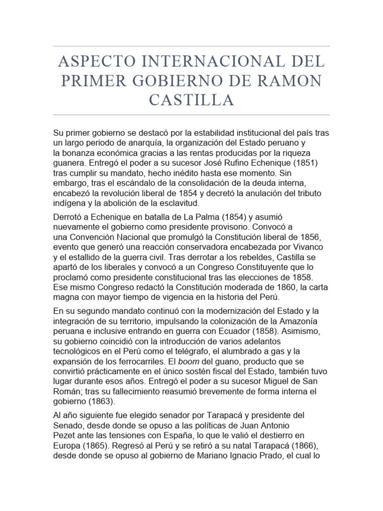 Aspecto Internacional Del Primer Gobierno de Ramon Castilla | PDF ...