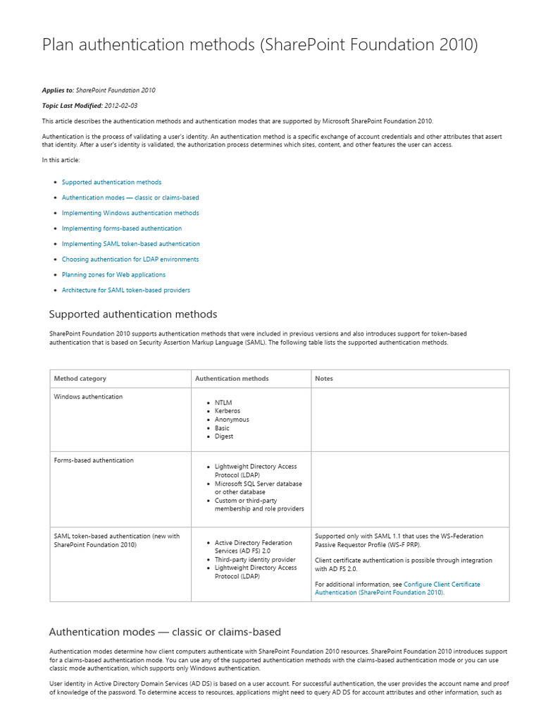 Plan Authentication Methods (SharePoint Foundation 2010) | PDF | Share ...