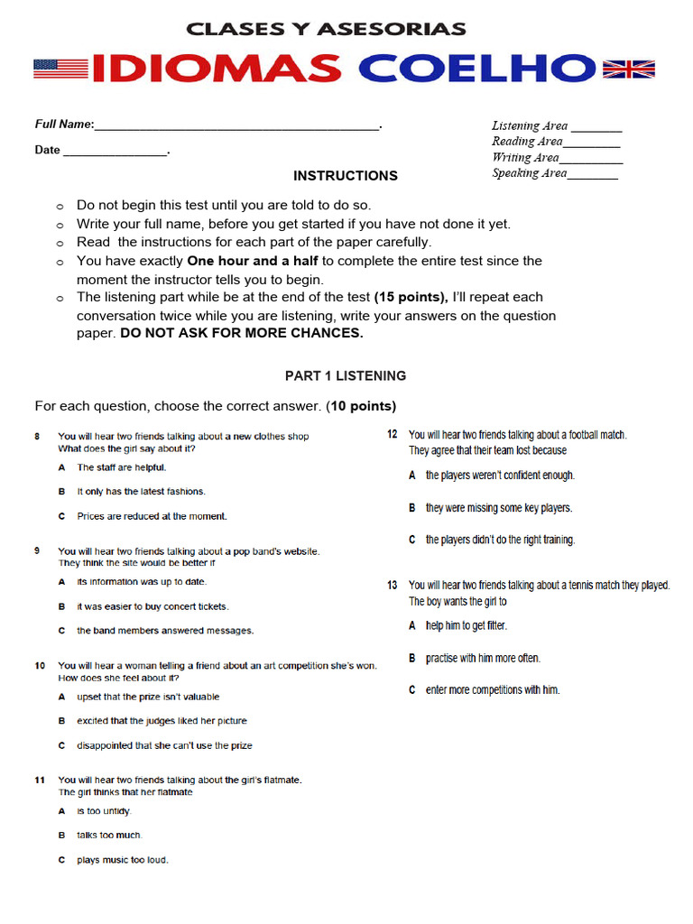 Examen de Ingles Nivel Basico | PDF