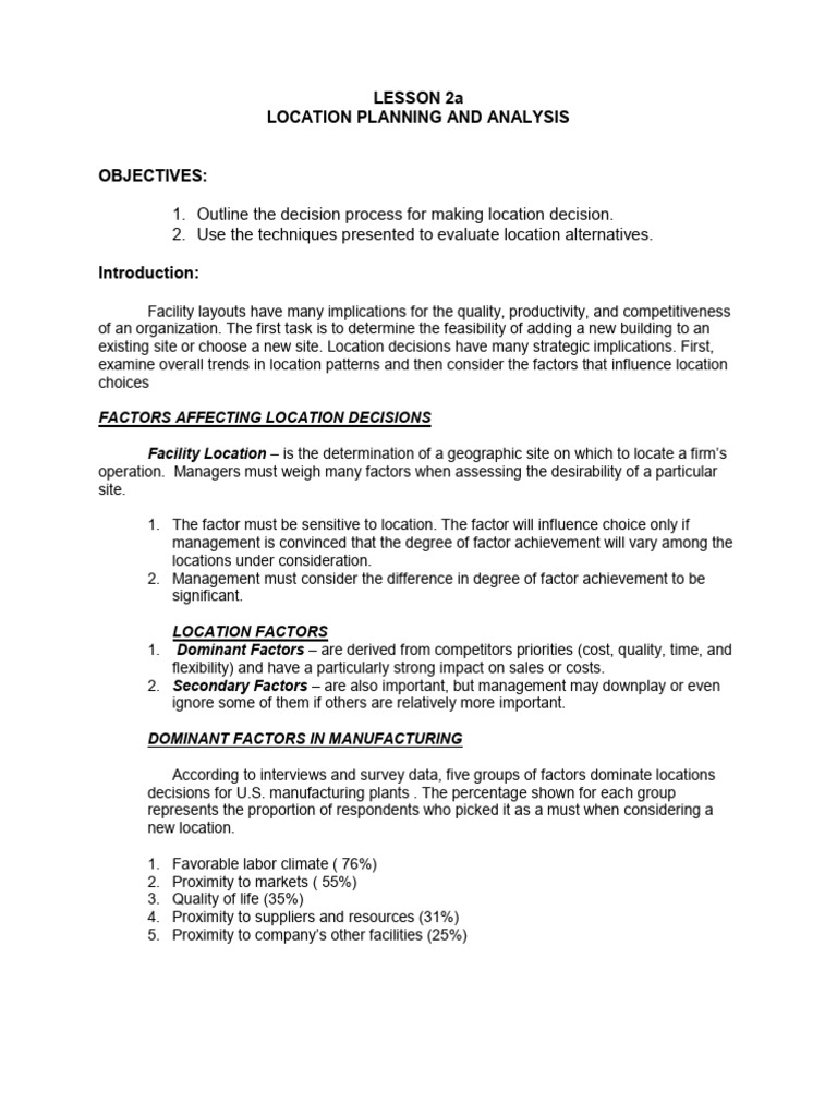 Lesson 2a Location Planning and Analysis | PDF | Labour Economics | Supply Chain