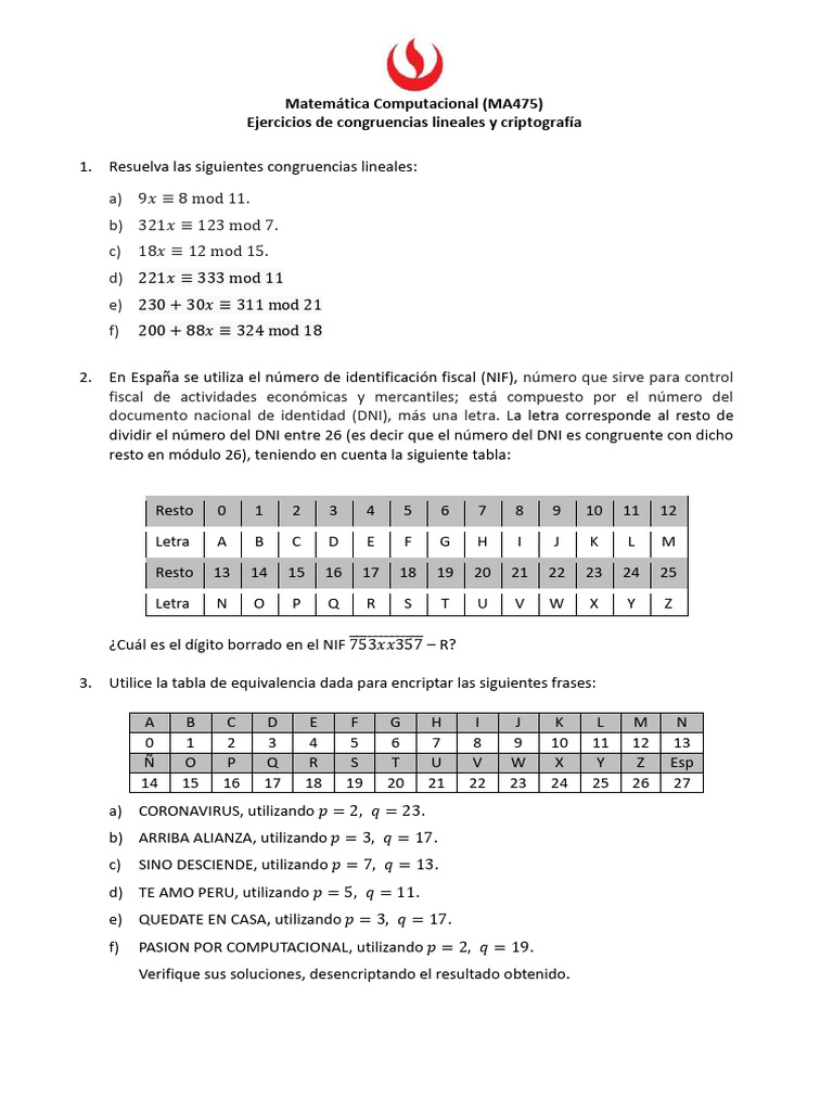 Lista de Ejercicios de Congruencias Lineales y Criprografía RSA | PDF | Comunicación segura ...