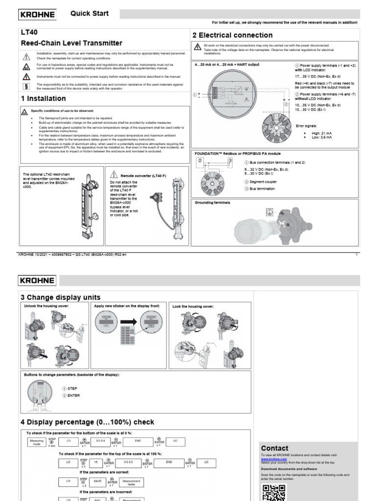 Quick Start LT40 Reed-Chain Level Transmitter 2 Electrical Connection ...