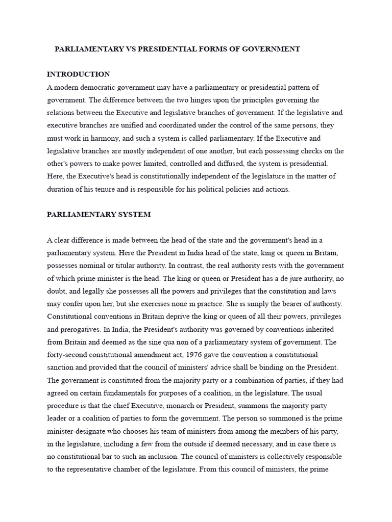 Parliamentary VS Presidential Forms of Government | Download Free PDF ...