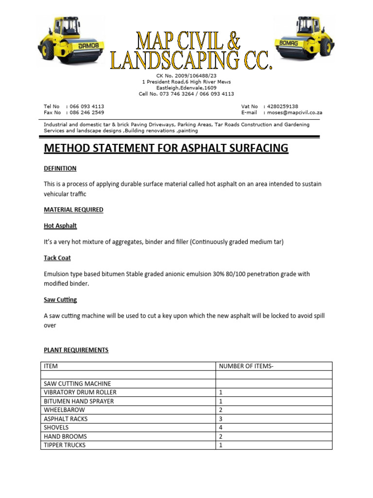 Method Statement For Asphalt Surfacing-Ford Motor | PDF | Road Surface | Materials
