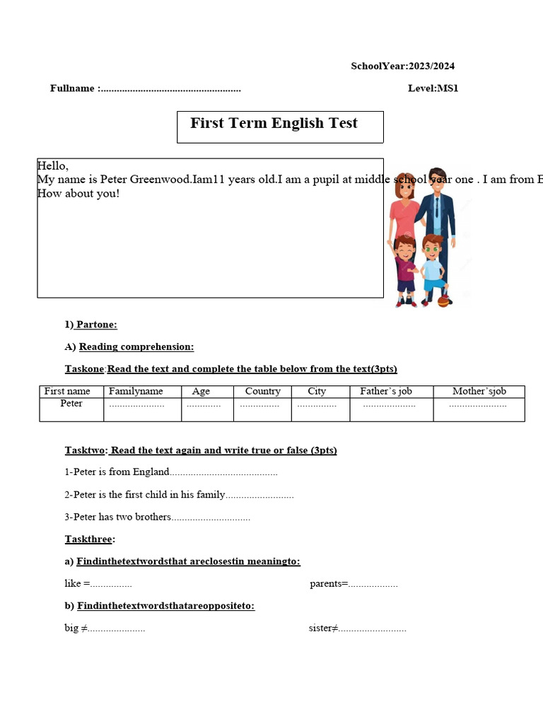 First Term English Test for MS1 Students | PDF | Social Institutions