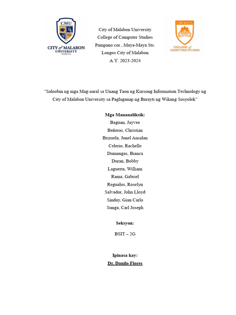 Saloobin NG Mga Mag-Aaral Sa Unang Taon NG Kursong Information ...