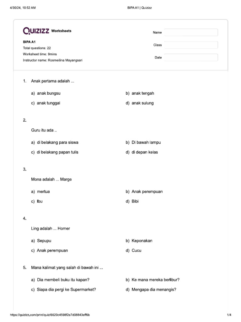 Latihan BIPA 1 | PDF