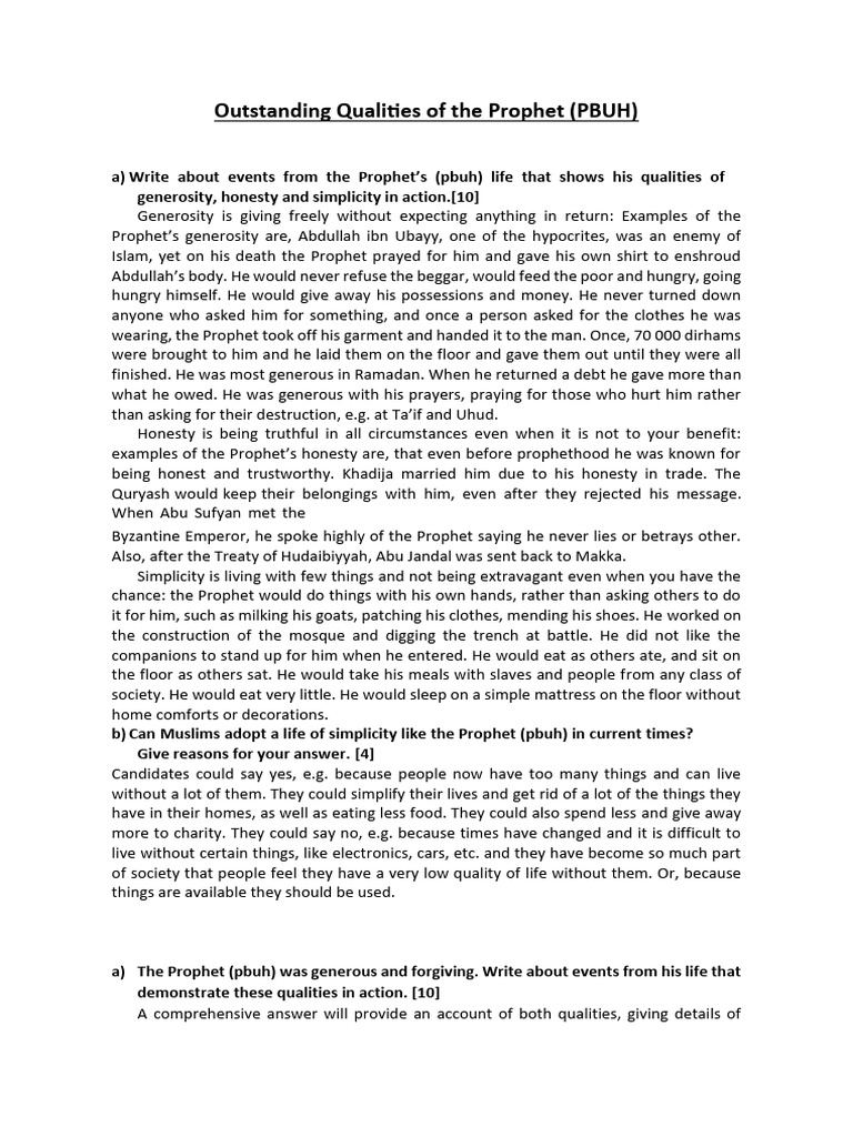 Outstanding Qualities of The Prophet (Past Paper Questions) | PDF ...