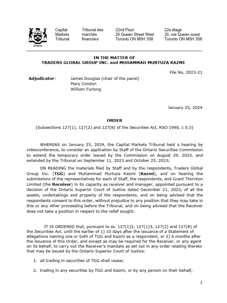 Traders Global Group Order Summary | PDF | Tribunal | Securities (Finance)