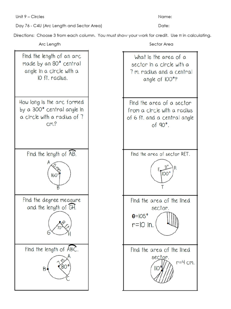 Day 76 Arc Length and Sector Area Choice Board Blank | PDF