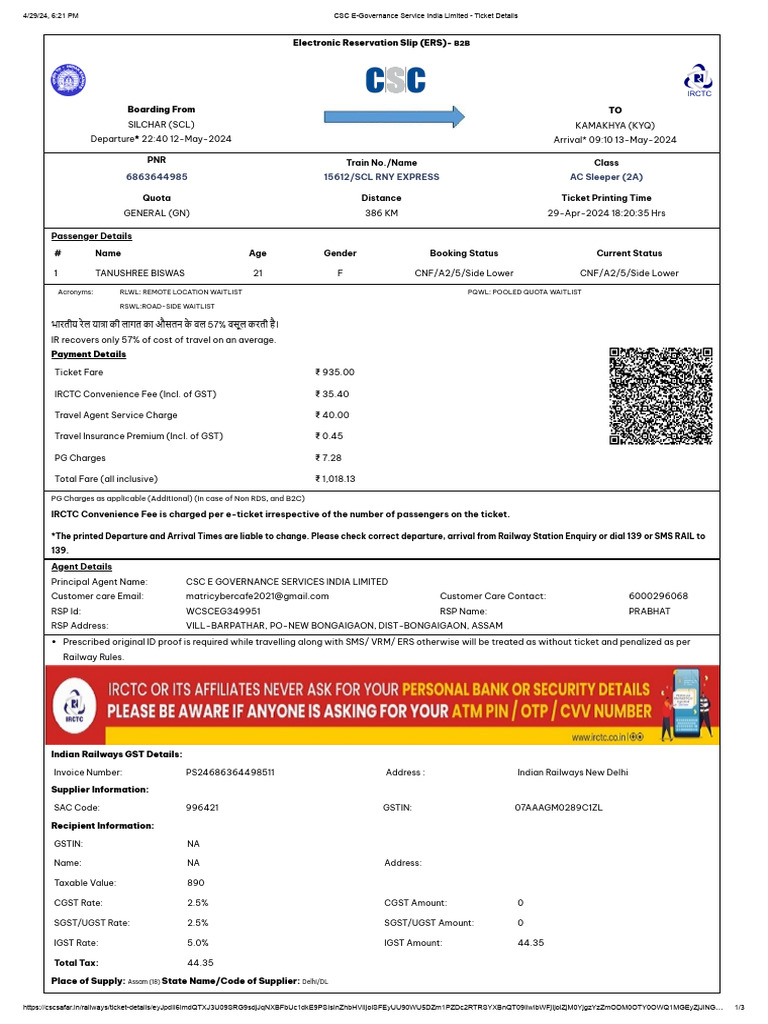 CSC E-Governance Service India Limited - Ticket Details SCL | PDF ...