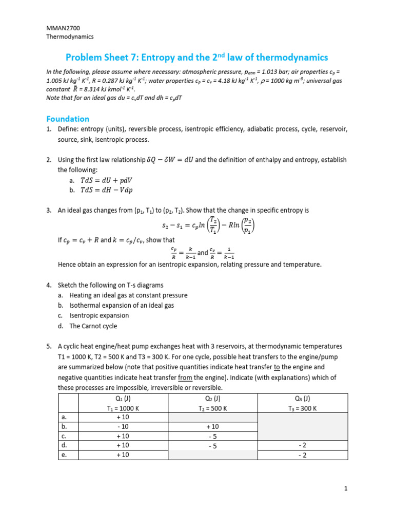 MMAN2700ThermoProblemSheet7 - Entropy 2nd Law | PDF | Entropy | Heat