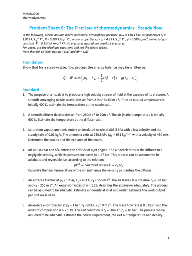 MMAN2700ThermoProblemSheet6 - 1st Law Steady Flow | PDF | Heat | Pressure