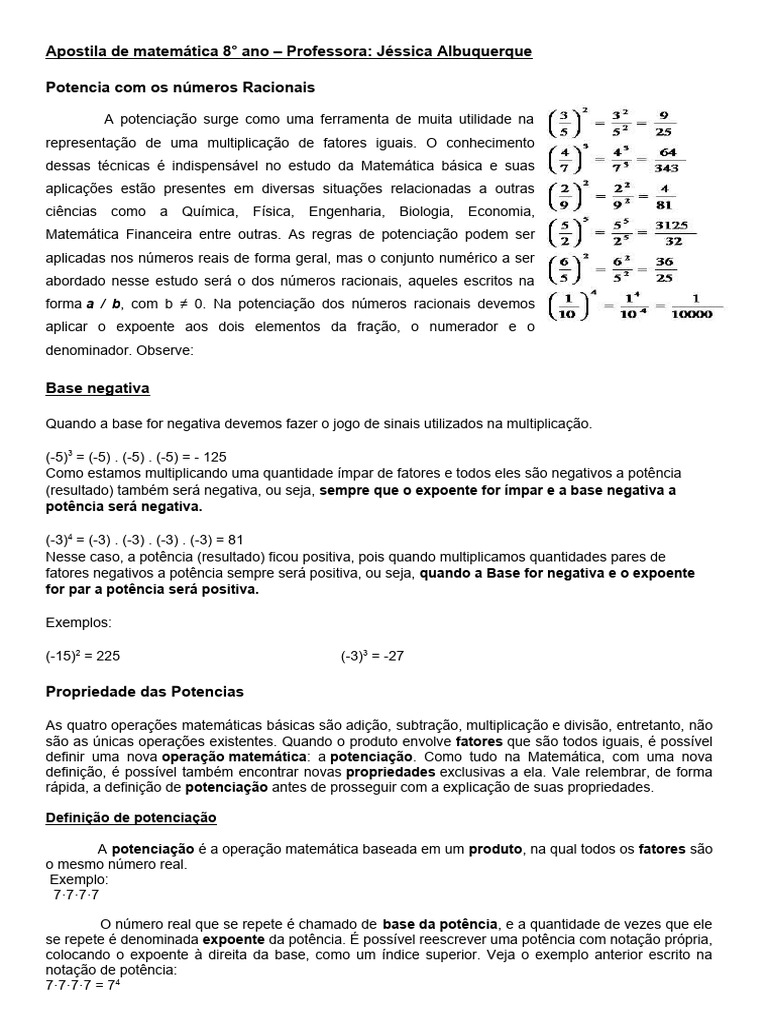 Apostila De Matemática 8 Ano Pdf Exponenciação Números