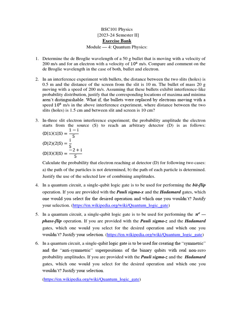 Quantum Physics Exercise Bank | PDF | Electron | Quantum Mechanics