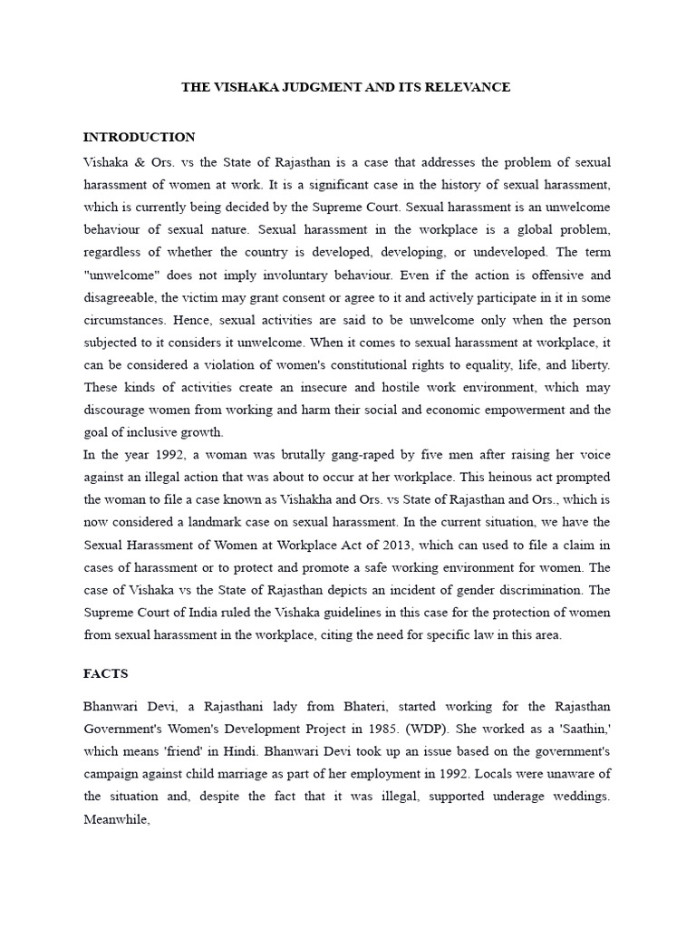 The Vishaka Judgment and Its Relevance | PDF | Sexual Harassment ...