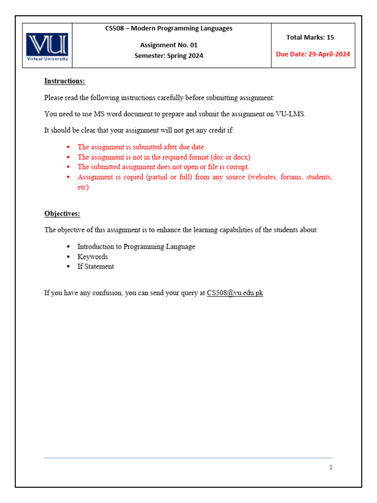 Spring 2024 - CS508 - 1 | PDF | Computer Programming | Programming Language Spring 2024 - CS508 - 1 | PDF | Computer Programming | Programming Language