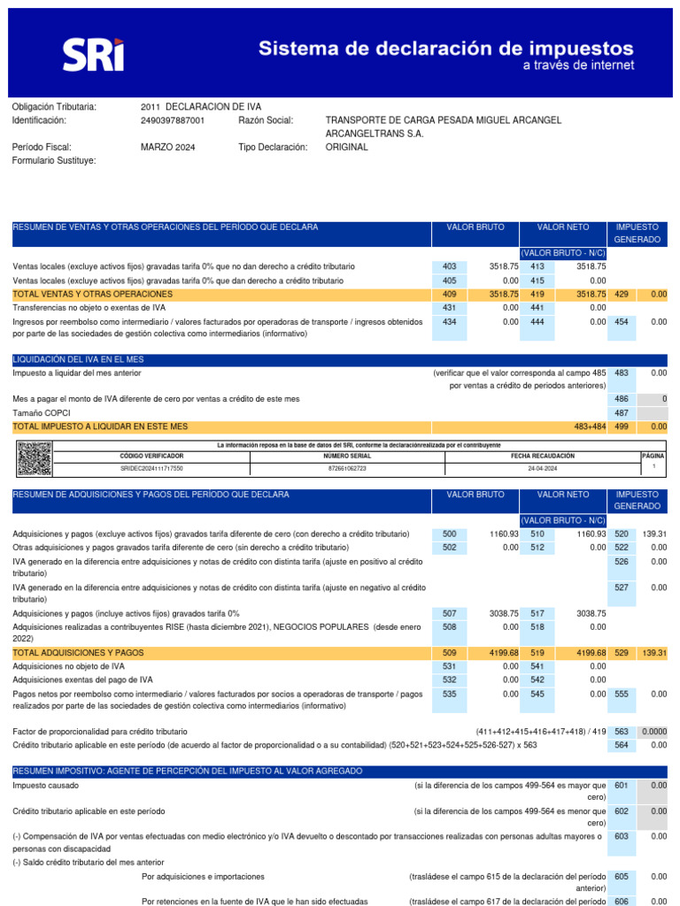 Declaracion Iva Marzo Compañia | PDF | Impuesto al valor agregado | Impuestos
