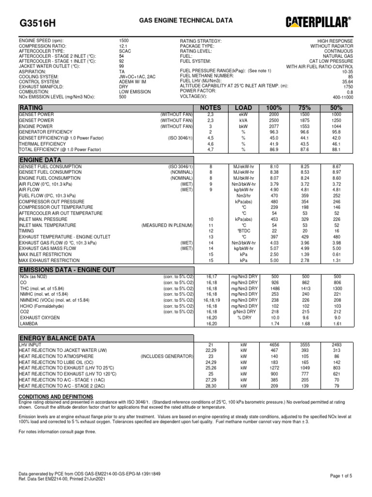 Gas Engine G3516H Technical Data | PDF | Exhaust Gas | Engines