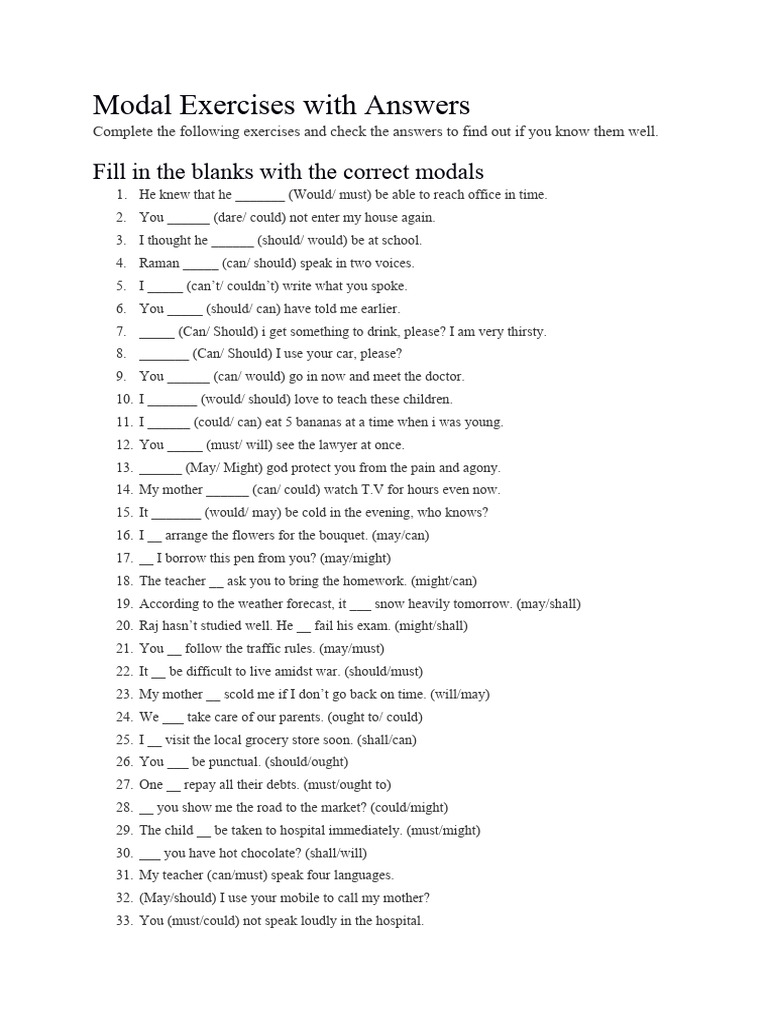 Modal Exercises With Answers Diya | PDF | Pleasure | Thought