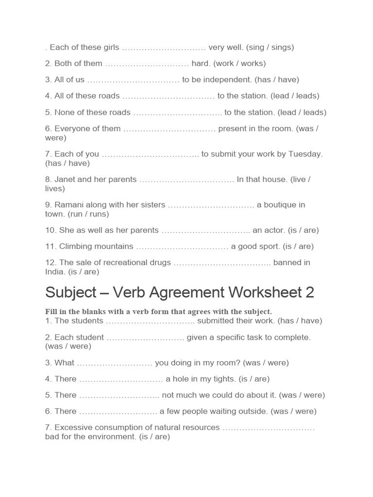 Subject-Verb Agreement Exercises | PDF