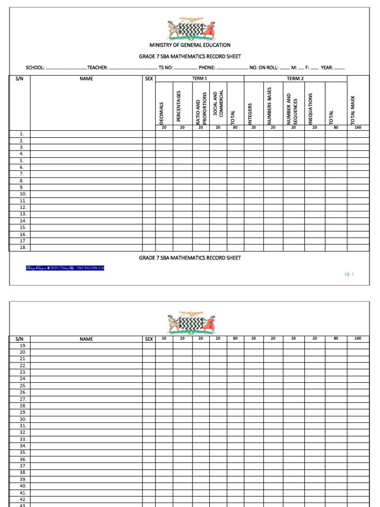 Grade 7 Math Record Sheet | PDF | Mathematics | Arithmetic