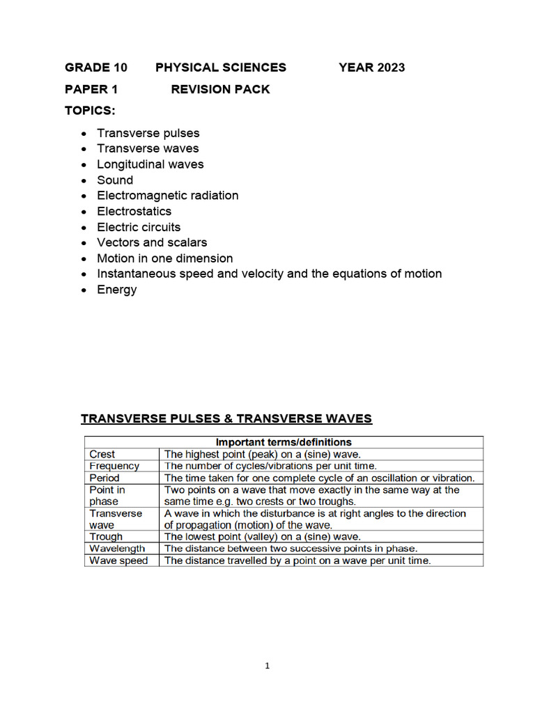Grade 10 Physical Sciences P 1 Revision Pack | PDF