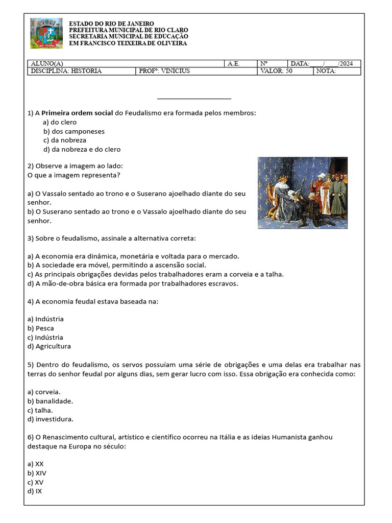 Prova de História - 7 ° Ano. | PDF | Feudalismo | Renascimento