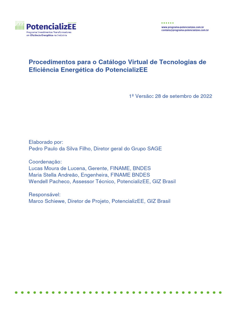 Procedimentos para o Catálogo Virtual de Tecnologias de Eficiência Energética Do PotencializEE ...