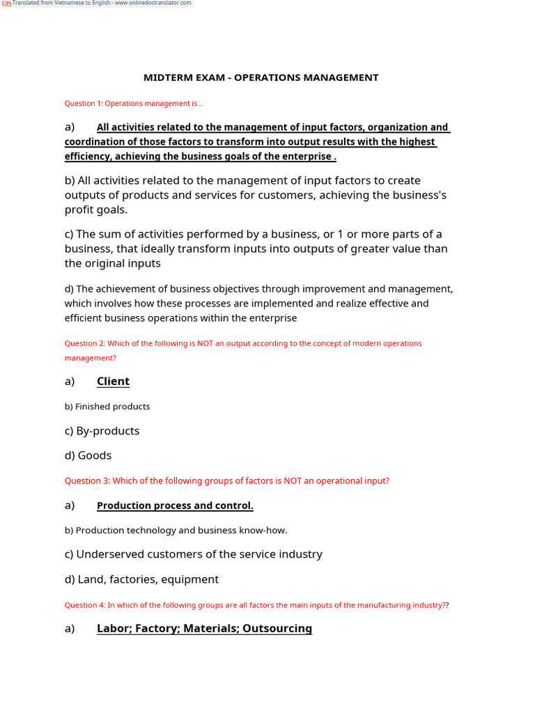 Operations Management Midterm Exam Questions | PDF | Retail | Inventory