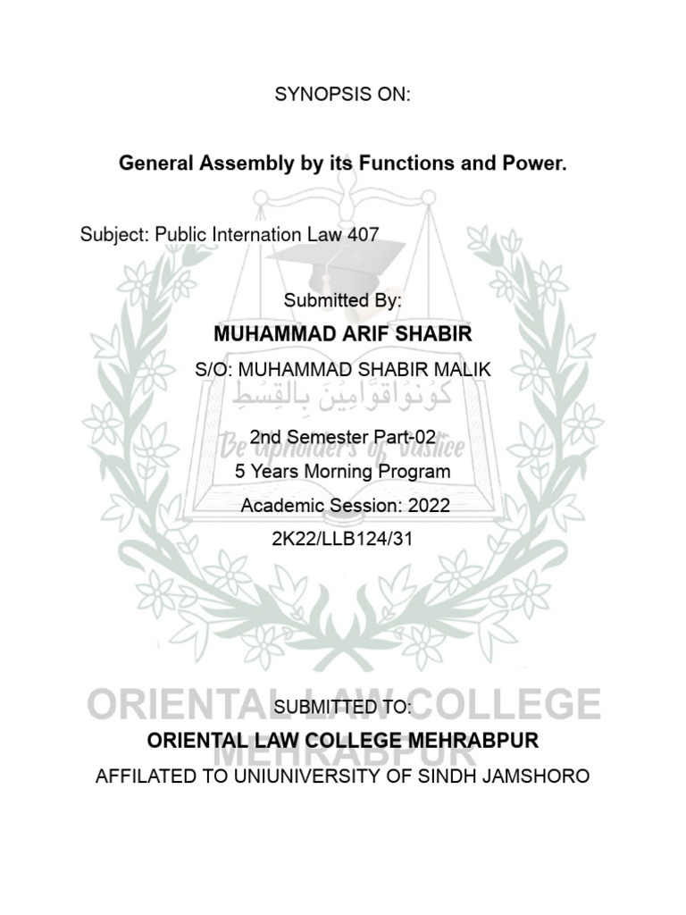 Synopsis On General Assembly by Its Functions and Power by Muhammad ...