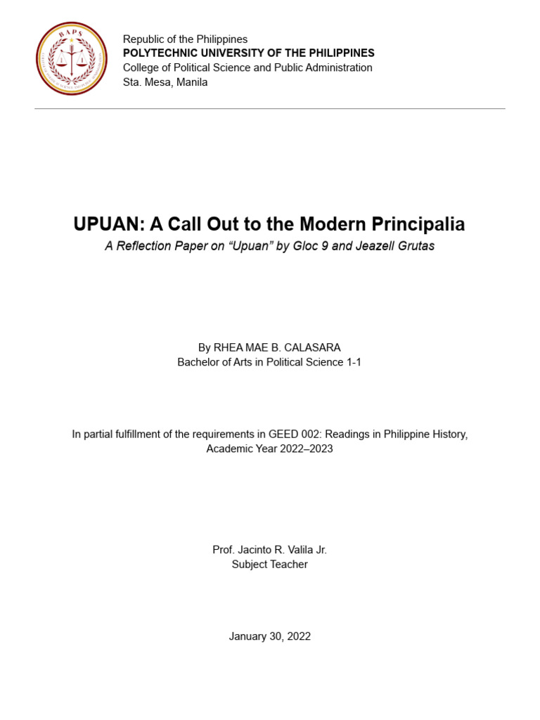A Reflection Paper On Upuan by Gloc 9 | PDF | Poverty | Poverty & Homelessness