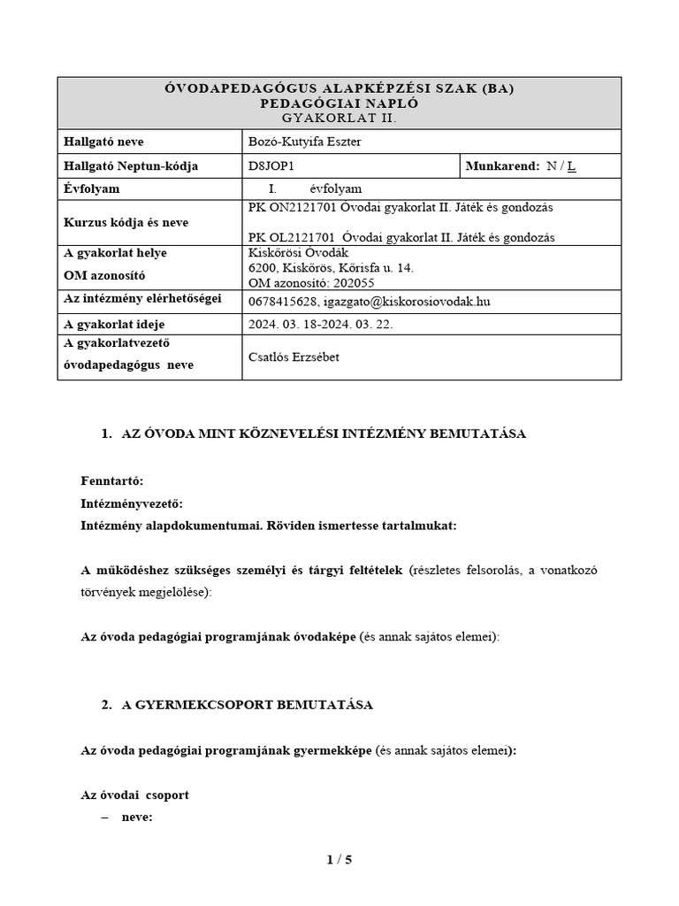 Ped. Naplo II. 2022. Jatek, Gondozas | PDF