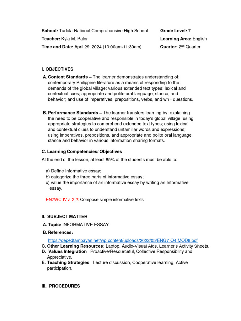 Detailed Lesson Plan in English | PDF | Essays | Cognition