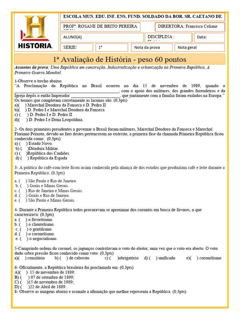 Prova de História | PDF | Primeira Guerra Mundial | Brasil