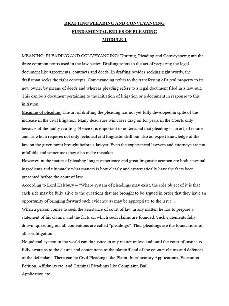 Drafting Pleading and Conveyancing, Mod 1 | Download Free PDF | Pleading | Lawsuit