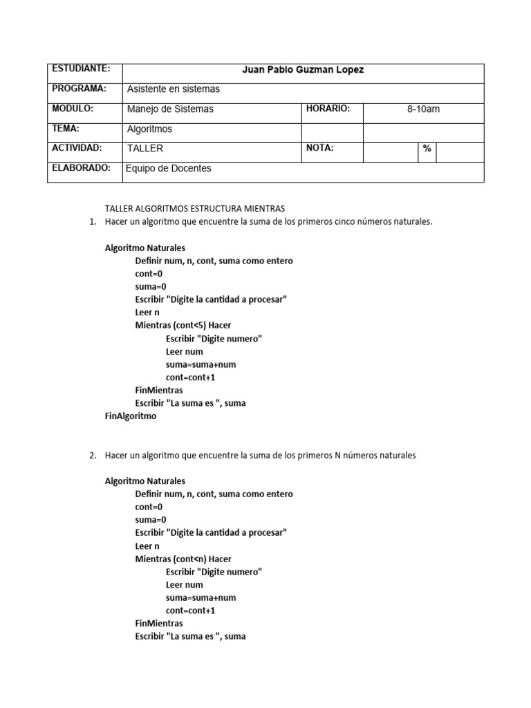 Taller Algoritmos Estructura Ciclos Juan Pablo Guzman Lopez Pdf Algoritmos Matemáticas
