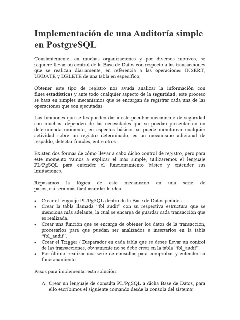 Auditoría en PostgreSQL con PL/PgSQL | PDF | Informática | Programación de computadoras