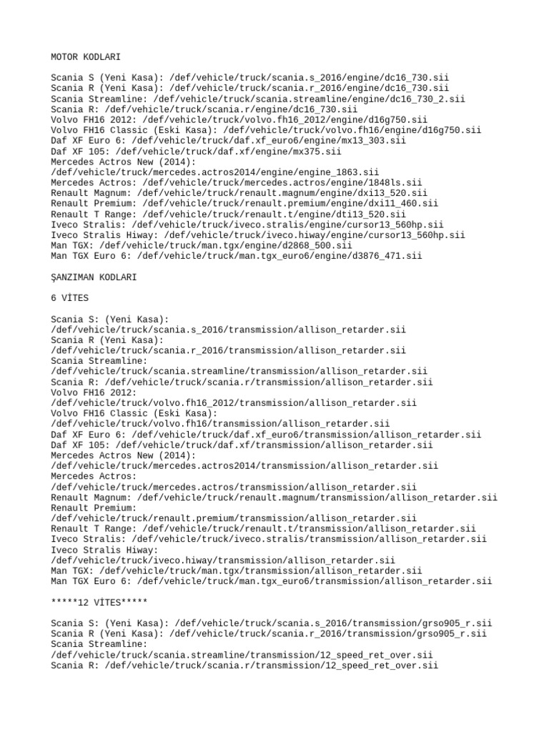 ETS2 Motor ve Şanzıman Kodları | PDF | Motor Vehicle | Land Vehicles