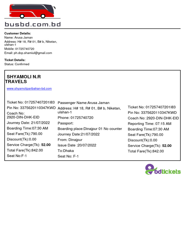Dinajpur to Dhaka Bus Ticket Details | PDF