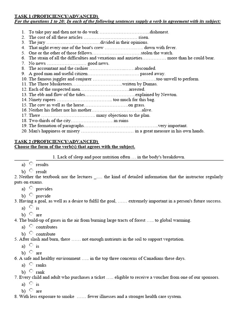 13 SUBJECT VERB AGREEMENT - PROFICIENCY-ADVANCED-FC EXERCISES With The Key CORRECTED | PDF ...