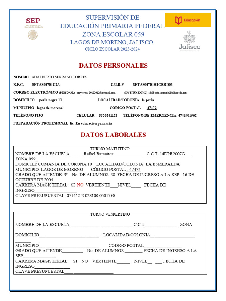 Hoja de Datos Personales y Laborales | PDF