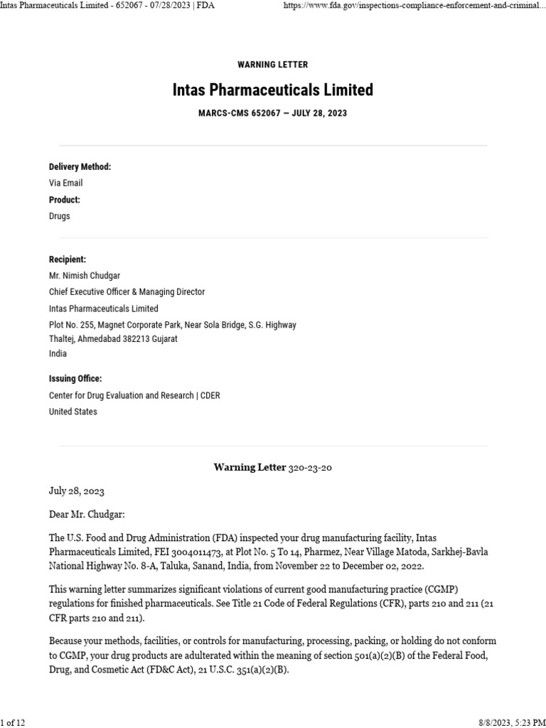 Intas Pharmaceuticals Limited Warning Letter - 652067 - 07 - 28 - 2023 ...