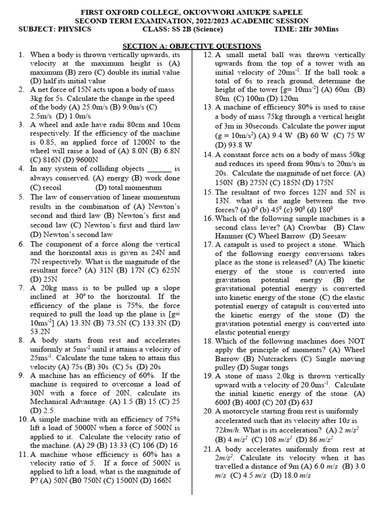 SS2 Physics Exam Questions 2022/2023 | PDF | Acceleration | Force